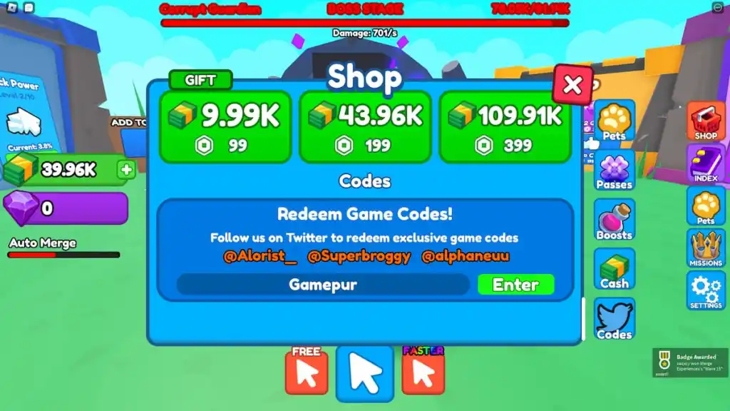 رموز Roblox Tower Merge Simulator